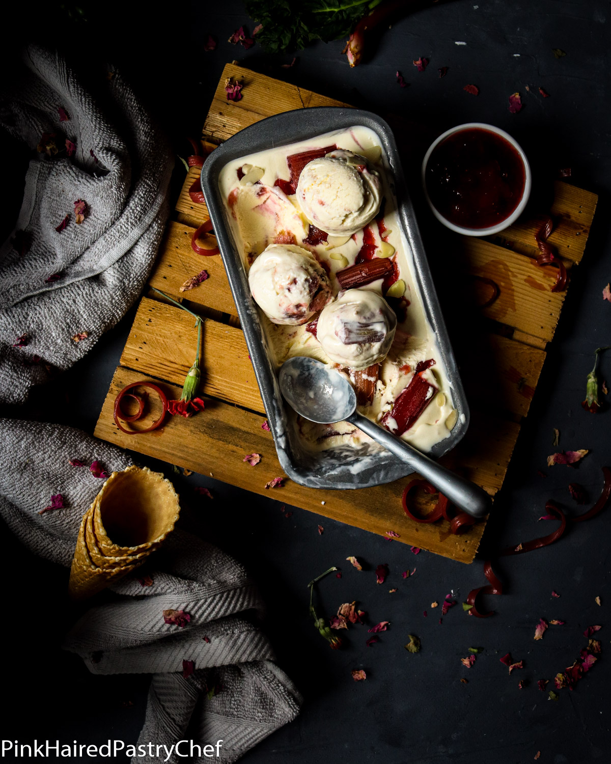 No Churn Roast Rhubarb Almond Ice Cream Recipe - Pink Haired Pastry Chef