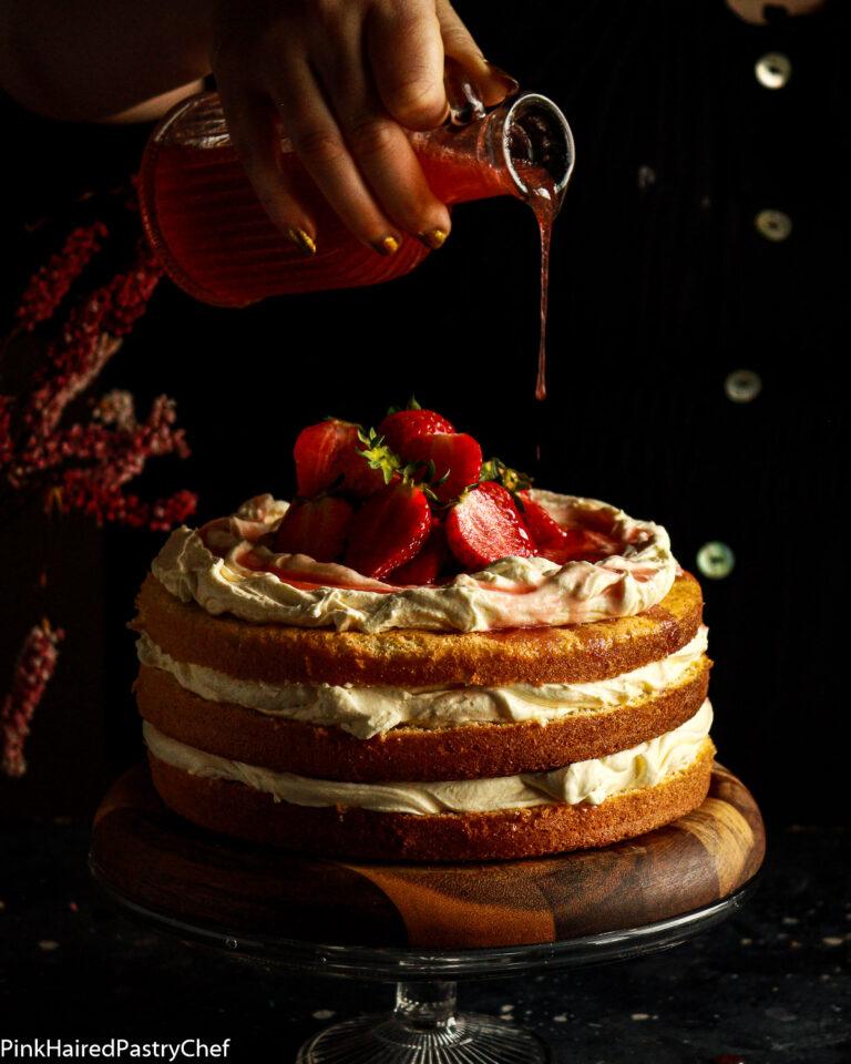 Roasted Strawberry Mascarpone Sponge Cake Recipe - Pink Haired Pastry Chef