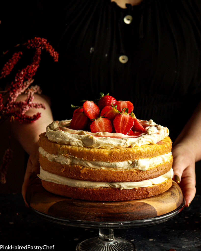 Roasted Strawberry Mascarpone Sponge Cake Recipe - Pink Haired Pastry Chef