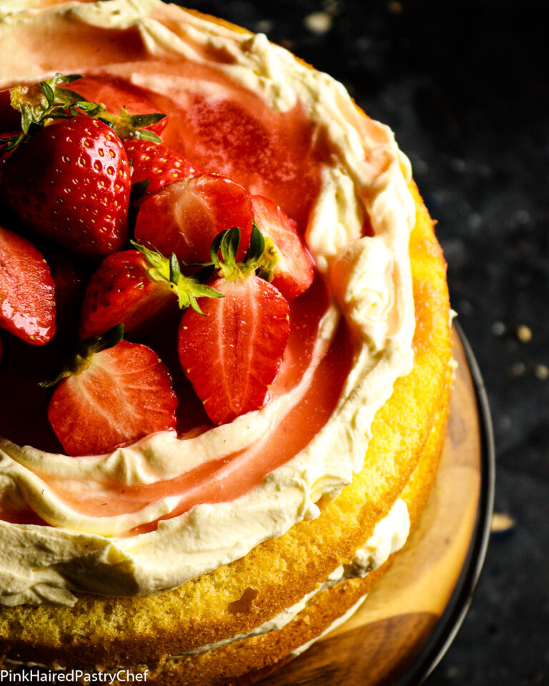 Roasted Strawberry Mascarpone Sponge Cake Recipe - Pink Haired Pastry Chef