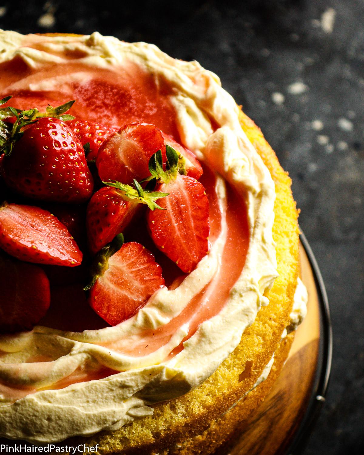 Roasted Strawberry Mascarpone Sponge Cake Recipe - Pink Haired Pastry Chef