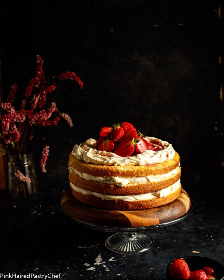 Roasted Strawberry Mascarpone Sponge Cake Recipe - Pink Haired Pastry Chef