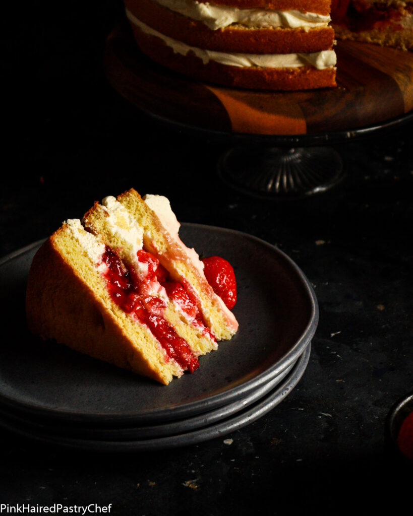 Roasted Strawberry Mascarpone Sponge Cake Recipe - Pink Haired Pastry Chef