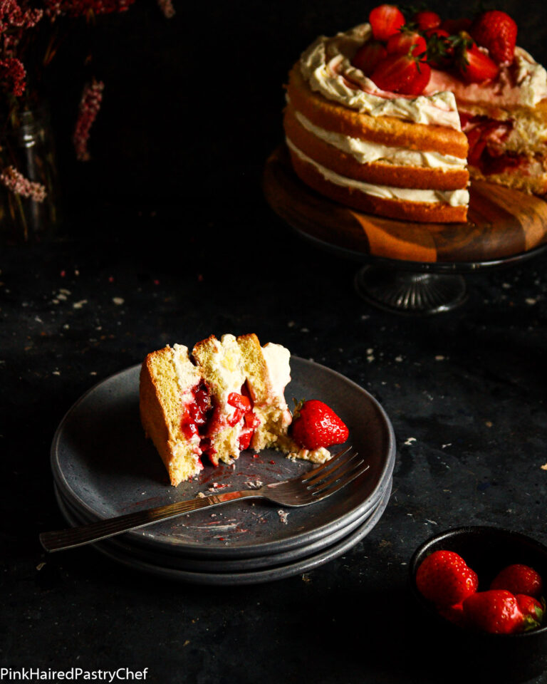 Roasted Strawberry Mascarpone Sponge Cake Recipe - Pink Haired Pastry Chef