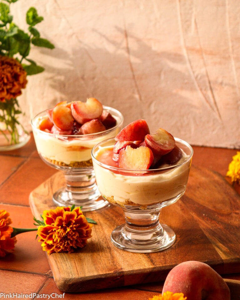 Roasted Peaches Cheesecakes - Small Batch Recipe - Pink Haired Pastry Chef