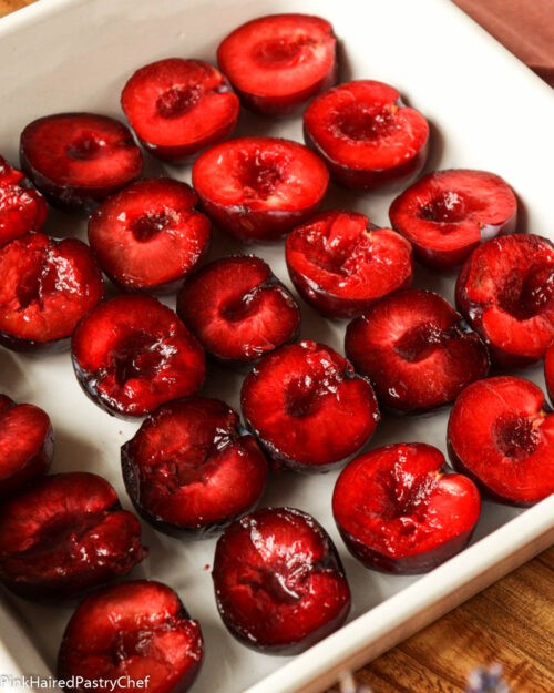 Roasted Plums with Vanilla Ice Cream and Flaked Almonds Recipe - Pink ...